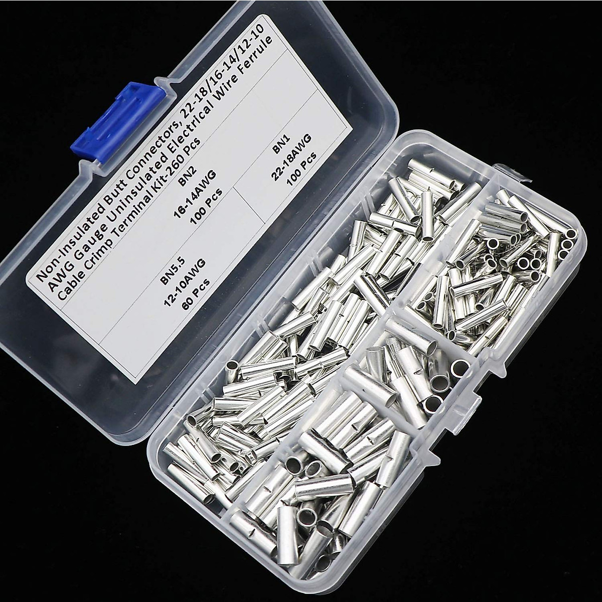 Zovfam 260 Pcs Non Insulated Butt Connectors 22-18/16-14/12-10 AWG Gauge Uninsulated Electrical Wire Ferrules Cable Crimp Terminal Kit for Electrical Splice DIY