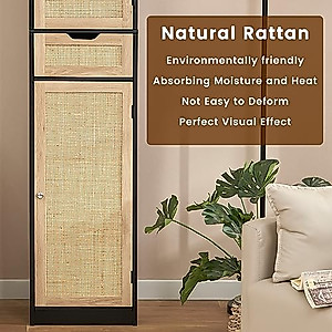 Iwell Tall Bathroom Cabinet with Doors, Rattan Storage Cabinet with Adjustable Shelves, Freestanding Narrow Linen Cabinet for Living Room, Entryway, Kitchen, Home Office, Black