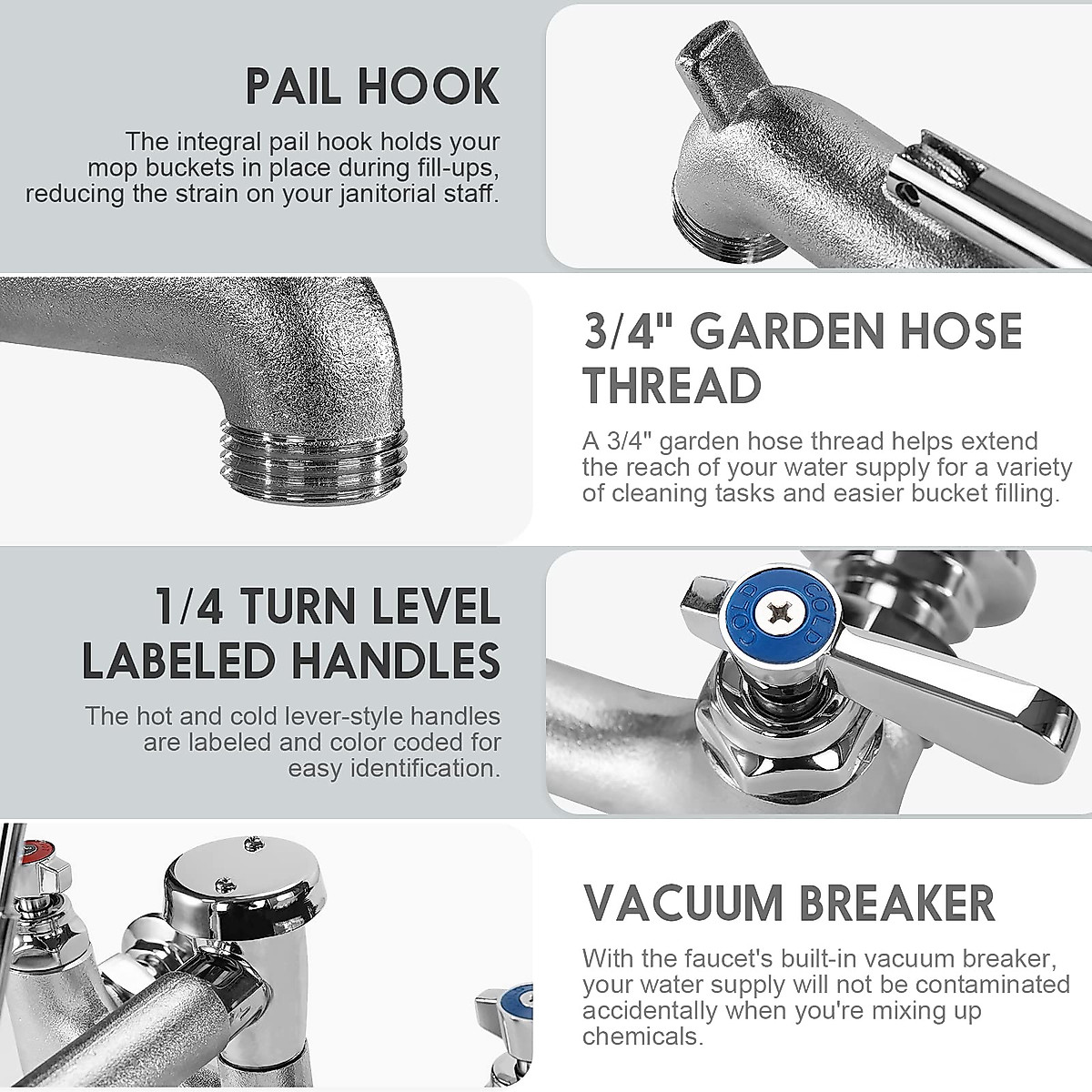 Mop Sink Faucet Service Sink Faucet with Vacuum Breaker, Pail Hook & Garden Hose Thread, 8" Adjustable Center