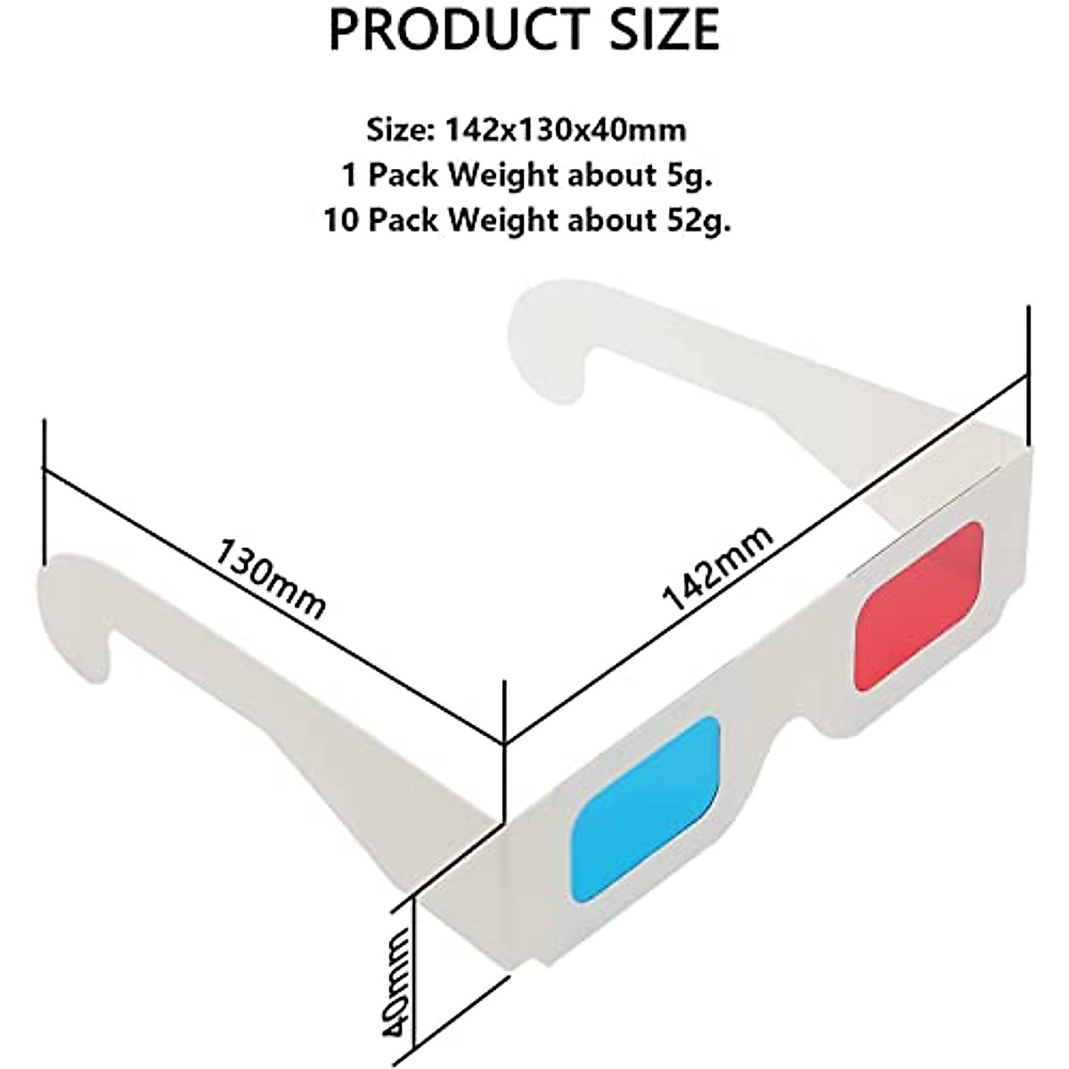 LYMGS 10 Pairs 3D Paper Glasses, Red and Cyan Lens in White Frame Anaglyph Cardboard for Movies - Folded in Protective Sleeve