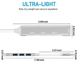 USB C Hub Aluminium Alloy USB C to USB Adapter 4-Port USB Hub Ultra-Slim Data USB Expander Fast Data Transfer USB Splitter for Laptop, Compatible with Windows PC, Mac, Printer, Mobile HDD
