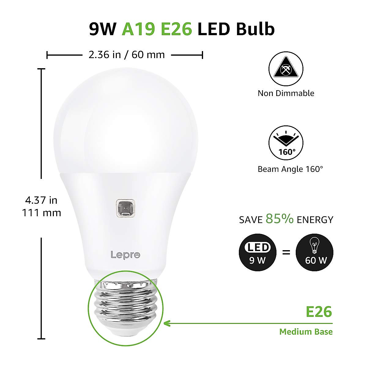 Lepro Dusk to Dawn Light Bulbs Outdoor Lighting, Auto On/Off, Light Sensor LED Bulbs, 60 Watt Equivalent, Non-Dimmable, A19 E26 Medium Screw Base, 9W 806 Lumens, Daylight White, Pack of 2