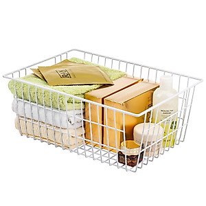 iPEGTOP Wire Storage Freezer Baskets, Set of 2 Large 15.2" Farmhouse Organizer Storage Bins Fridge Basket Rack with Handles for Kitchen Cabinets, Pantry, Office, Bathroom Organization- White