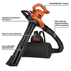 BLACK+DECKER Electric Leaf Blower, Leaf Vacuum and Mulcher 3 in 1, 250 mph Airflow, 400 cfm Delivery Power, Reusable Bag Included, Corded (BEBL7000)