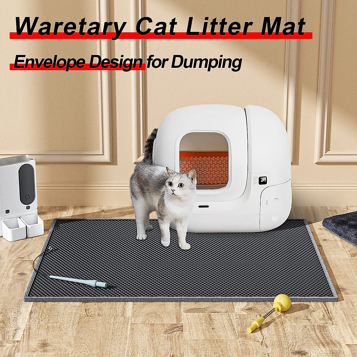 Waretary Cat Litter Mat, 30" X 24" Litter Trapping Mat, Double Layer Honeycomb Litter Box Mat, Urine & Waterproof Kitty Litter Mat, Scatter Control Easy Clean (Gray)