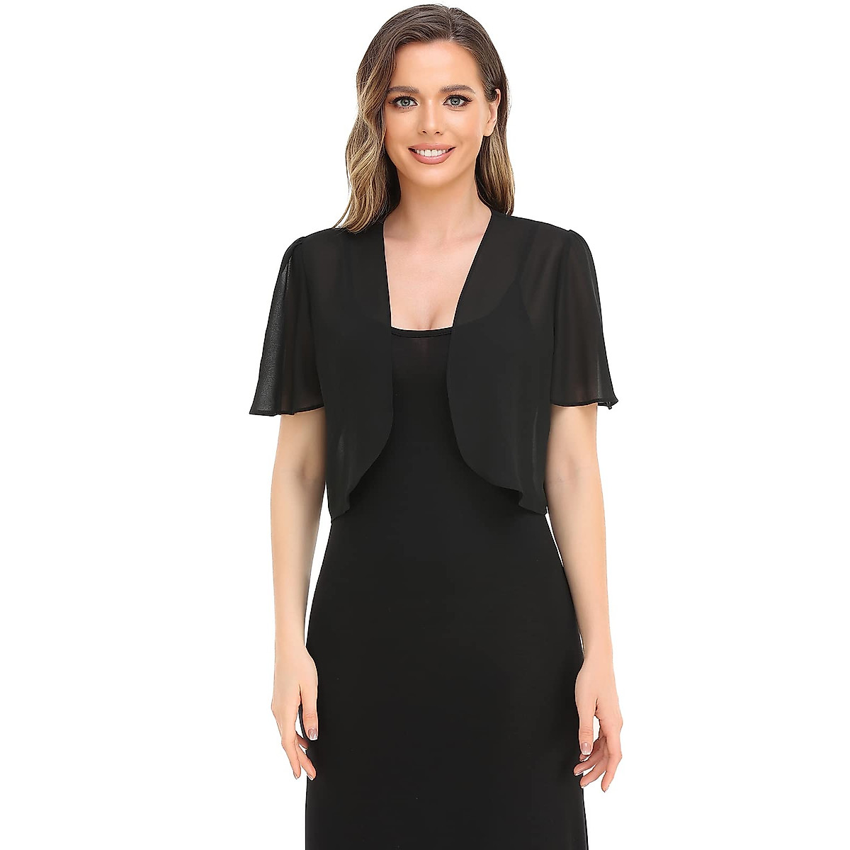 Women Black Bolero Shrug Soft Chiffon Open Front Sheer Short Sleeve Cropped Cardigans for Evening Dress(Black,L)