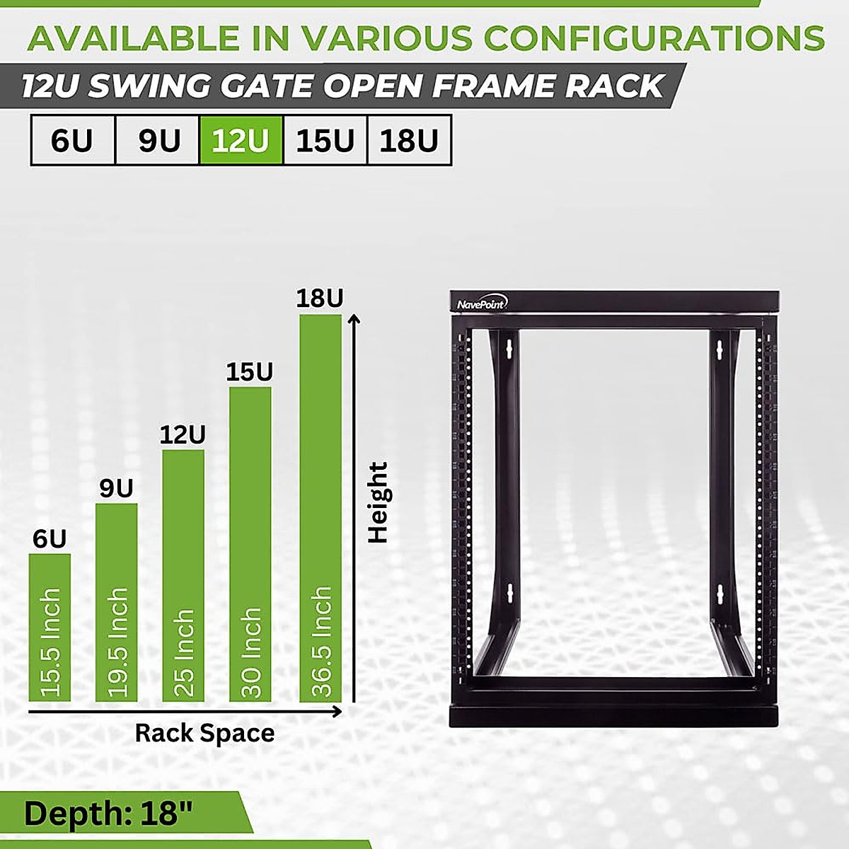 NavePoint 12U Server Rack with Swing Gate - 12U Wall Mount Rack for 19 Inch IT Equipment Open Frame Rack – Network Rack Wall Mount for AV & Server Equipment 18” Deep 12U Rack, Black