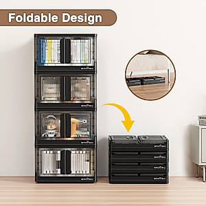 BROVIEW V6 Storage Bins with Lids, 136 QT Stackable Storage Bins with Wheels, Collapsible Storage Bins with Doors, Folding Storage Cabinets for Closet, Home Office Dorm Organizer Essential, Black