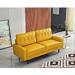 Container Furniture Direct Modern Style Faux Leather Sofa with Elegant Round Tapered Legs and Button Tufted Backrest Perfect for Living Room, Bedroom or Home Office, 69.3’’ Wide, Musterd Yellow
