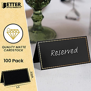 Better Office Products 100 Pack Gold Metallic Border Place Cards, 2 x 3.5 in, Folded Table Tent Cards for Weddings, Dinner Parties, Buffet Banquets,(Black)