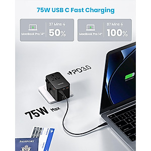 Universal Travel Adapter, VINTAR 75W GaN International Plug Adapter with 3 USB-C PD & 2 USB-A QC, All-in-One Travel Essentials for UK/EU/USA/AUS, Worldwide Power Adapter for Laptops Tablets Phones