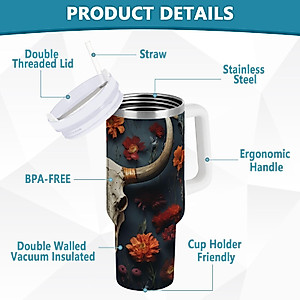 ARGTILDN 40 oz Tumbler Bull Skull Orange Flowers Insulated Travel Mug with Handle and Straw Lid Stainless Steel Vacuum Coffee Cup Tea Beverage Container Water Bottles for Car Sports office