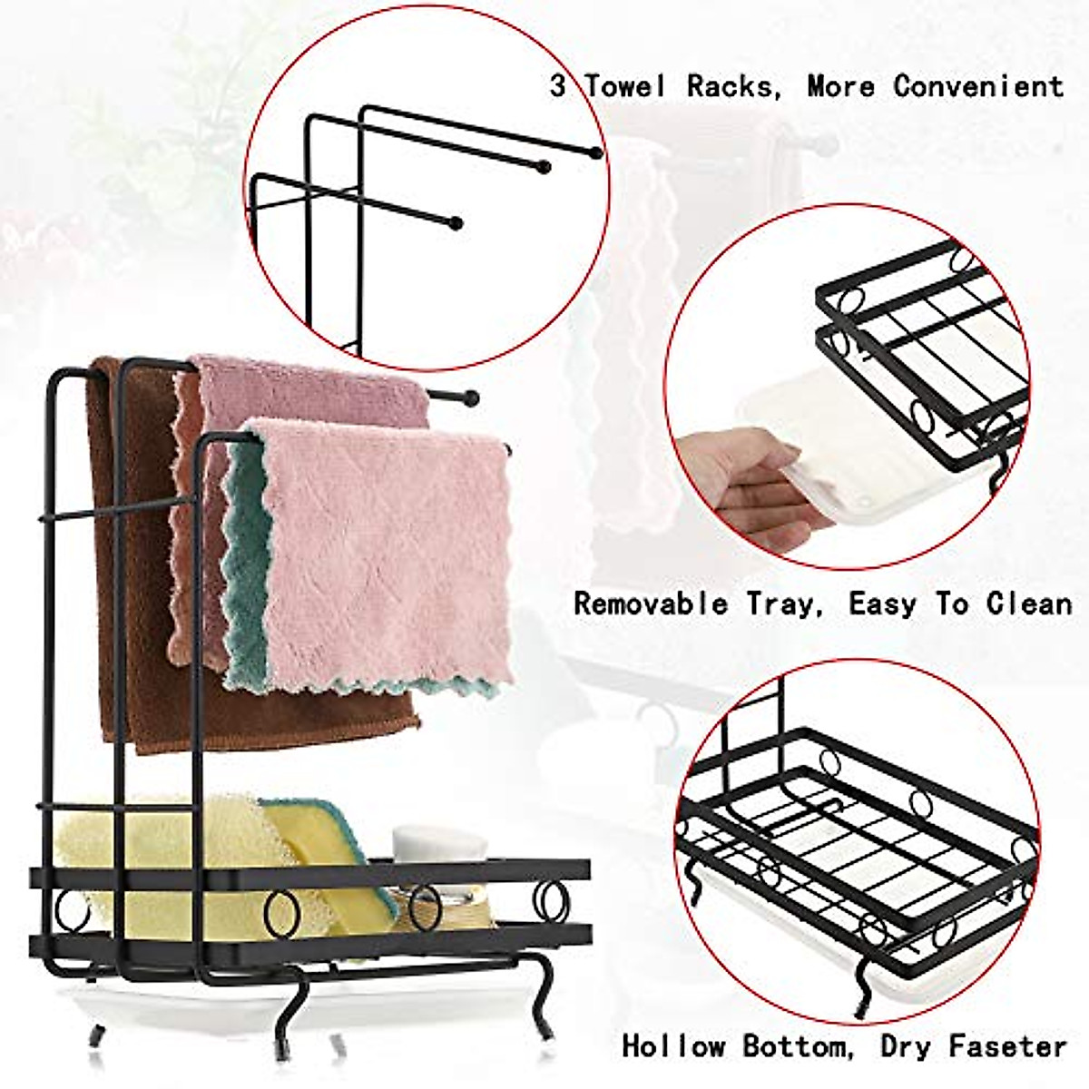 JUXYES Kitchen Sink Caddy Sponge Holder with Dishcloth Drying Rack, Kitchen Rag Stand Sponge Brush Soap Dish Dishcloth Rack Sink Storage Organizer for Kitchen Countertop (Black)