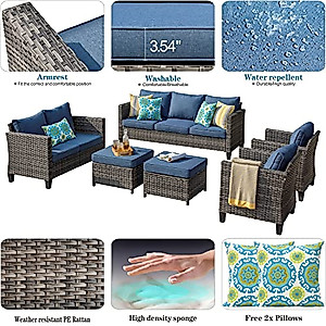 ovios Patio Furniture Set 6 PCS Outdoor Sectional Sofa Set with Loveseat Chairs Ottomans High Back Sofa All Weather Wicker Rattan Conversation Sets for Yard Porch (Denim Blue)