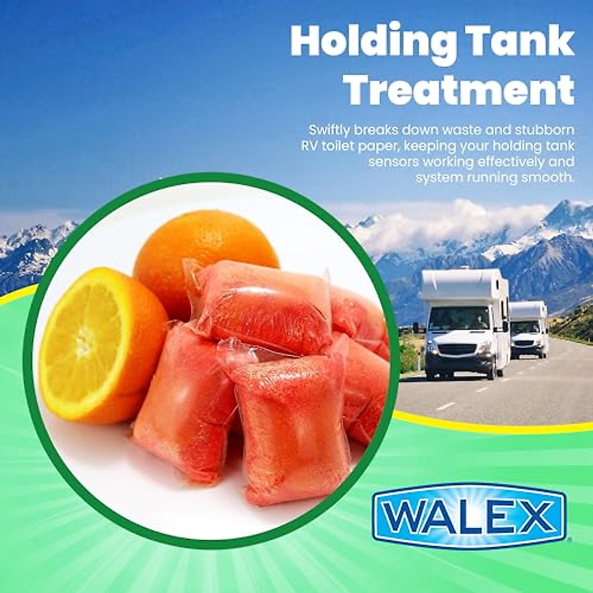Walex Citra-Pak RV/Marine Holding Tank Deodorizer Drop-Ins - Waste Breakdown & Odor Control, Cleans Holding Tank & Sensors, Biocide-Free, Treatment for RVs, Boats, & Portable Toilets - Citrus, 30 Pack