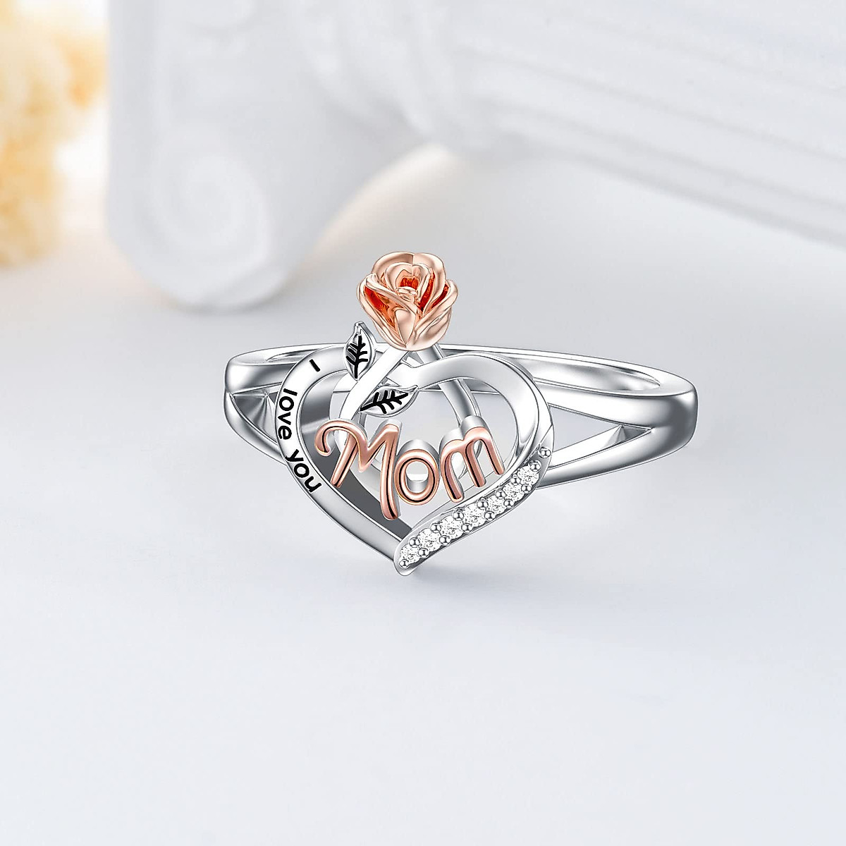POPKIMI Mom Ring Gifts for Mom Best Gifts for Mom 925 Sterling Silver Jewelry I Love You Mom Ring Rose Flower Love Heart Ring for Women (9)