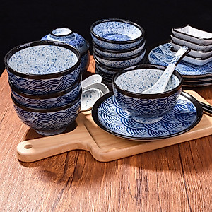 Cerficer Japanese Rice Bowl - 10.2oz Ceramic Sushi Bowl with Blue Wave Pattern,Thickened Bowl Wall,Perfect Small Bowl for Rice, Snacks, Desserts, and Sauces,Asian Rice Bowl Set