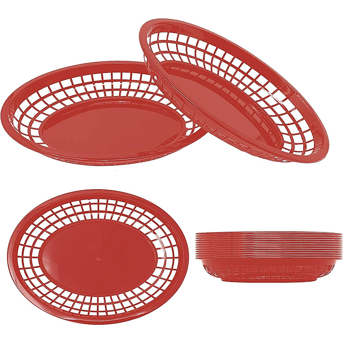 Restaurant Basket Fast Food Baskets - HUGE 12” x 9” SIZE Classic Oval Retro Plastic Foodservice Bread, Burger & Fries Tray Platter Set For Party, Picnic, Barbecue (Red 12-Pack)