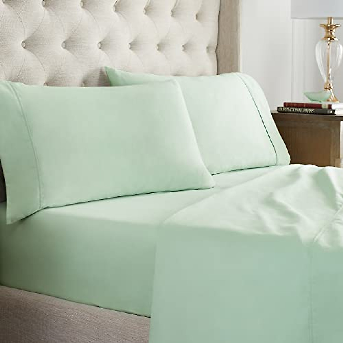 Waverly Cotton Cooling Solid Bedding Sheets & Pillowcases Set, Queen, Pale Green, 4 Piece