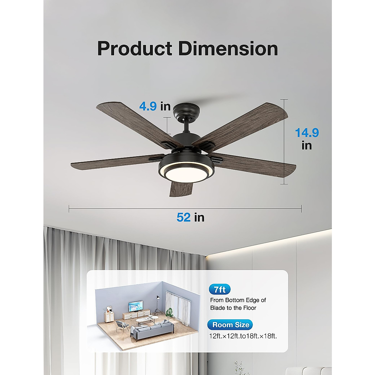 warmiplanet Ceiling Fans with Lights and Remote Control, 52 Inch, 6 Speeds Reversible DC Motor, 3 Color Dimmable Light, Timer, Noiseless, Black, 5 Blades