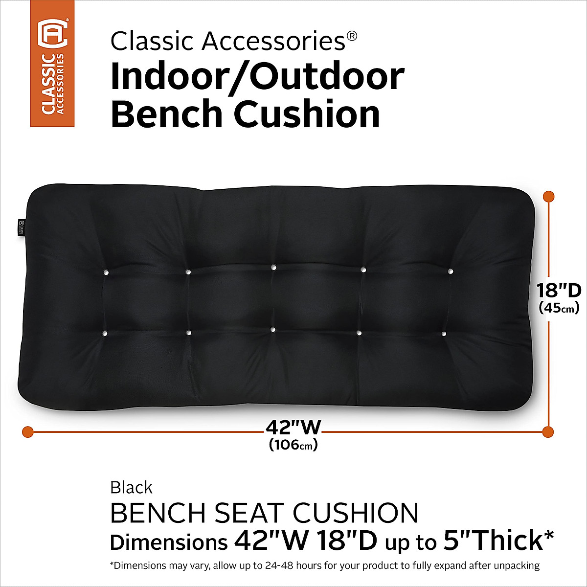 Classic Accessories Water-Resistant Indoor/Outdoor Bench Cushion, 42 x 18 x 5 Inch, Black, Patio Bench Cushion