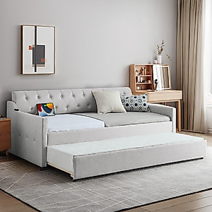 Antetek Daybed with Pop Up Trundle, Modern Button Tufted Linen Upholstered Sofa Bed Frame, Twin to King Size Day Bed w/USB & Type C Port for Bedroom, Living Room, No Box Spring Needed, Beige