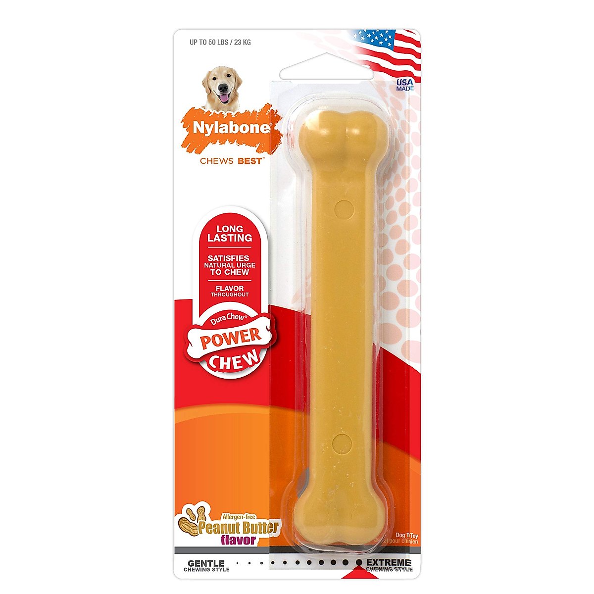 Nylabone Power Chew Classic Bone Chew Toy for Dogs, Durable Dog Toys for Aggressive Chewers, Peanut Butter Flavor, Large/Giant - Up to 50 lbs. (1 Count)