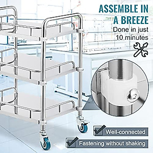 VEVOR Lab Rolling Cart, 3-Shelf Stainless Steel Rolling Cart, Lab Serving Cart with Swivel Casters, Dental Utility Cart for Clinic, Lab, Hospital, Salon, 26.38"x15.55"x34.13"