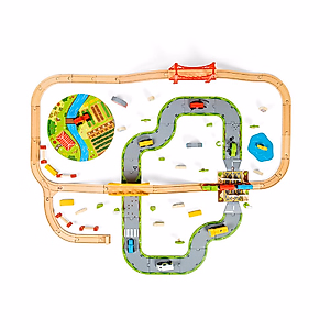 Bigjigs Rail 80 Piece Rural Road and Rail Wooden Train Set - Kids Train Set with 80 Bigjigs Train Accessories incl. Bridges & a Level Crossing for Pretend Play