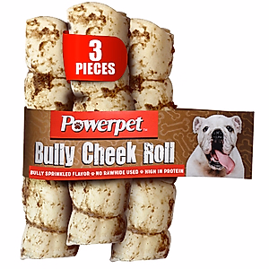 Powerpet Treats Bully Beef Cheek Rolls for Dogs - 100% Natural & Highly Digestible - High Protein, Low Fat - No Rawhide - Soft & Thick Chew Treat - Good Dental Hygiene - Bully Sprinkled Flavor - 3pc
