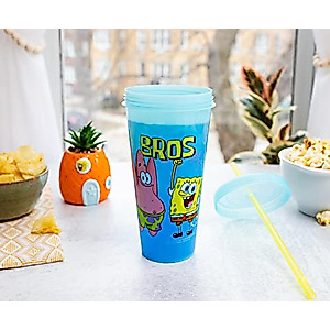 SpongeBob SquarePants "Bros" Color-Changing Plastic Travel Tumbler | Includes Reusable Straw, Leak-Resistant Lid, Fake Ice Cubes | Holds 24 Ounces