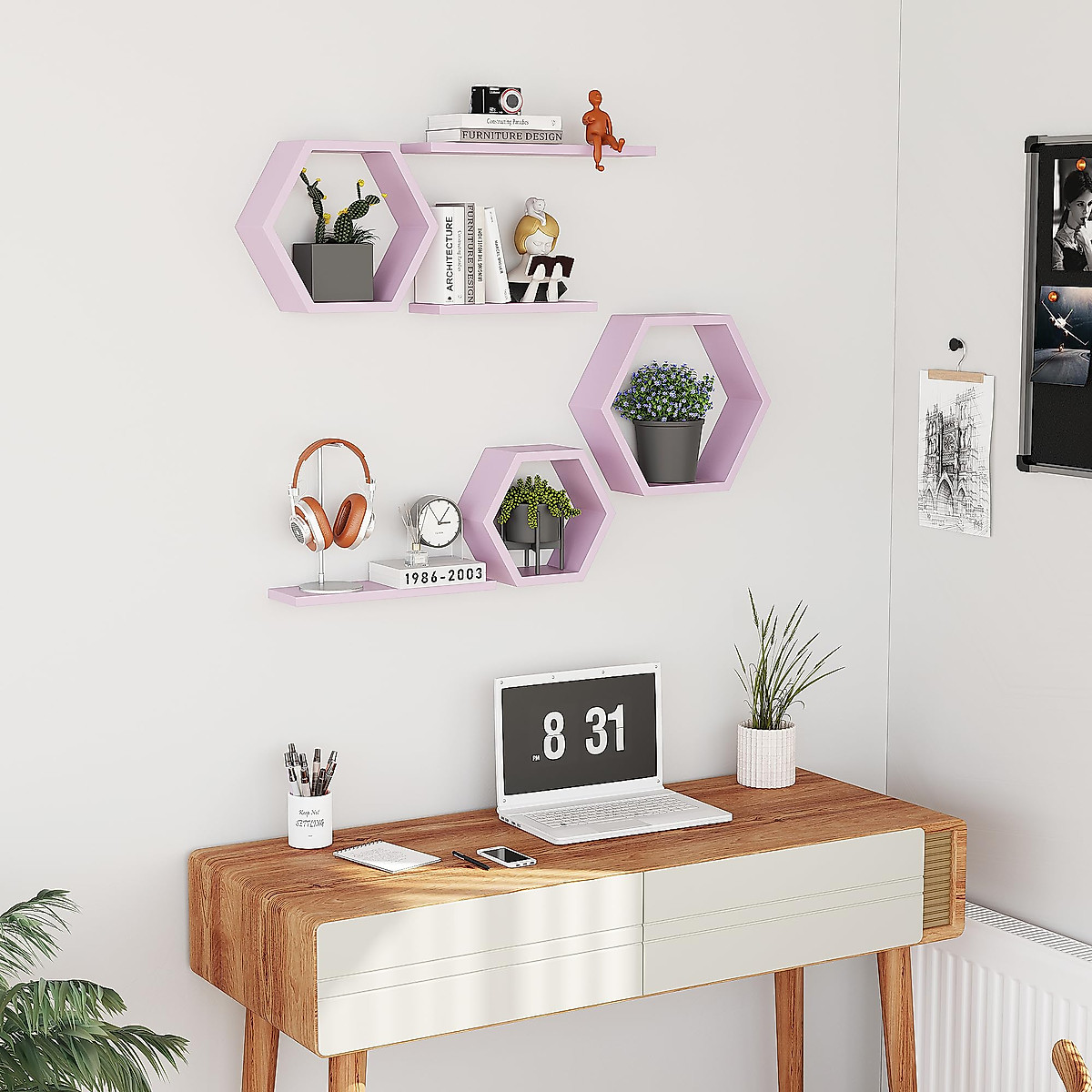 LUDORU Wooden Hexagon Floating Shelves Wall Mounted,Set of 6 Pine Hexagon Shelves Display for Photos,Plants,Rustic Honeycomb Shelves for Living Room,Bedroom,Bathroom, Kitchen, Office Decor, Pink