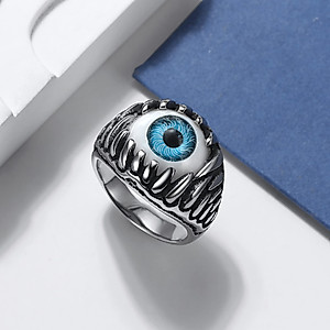 Blue Evil Eye Ring for Women by Ginge Lyne, Eyeball Biker Ring for Men Stainless Steel Gothic Punk Design