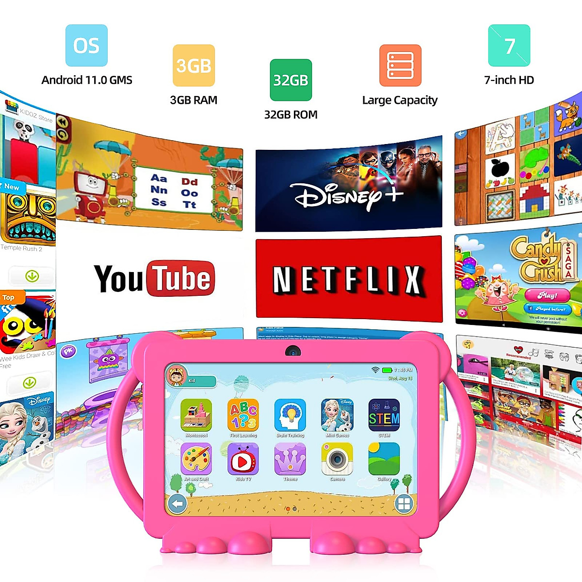 NORTH BISON Kids Tablet, 7 inch Android 11.0 Tablet for Kids, 3GB 32GB Toddler Tablet with Bluetooth-Pink