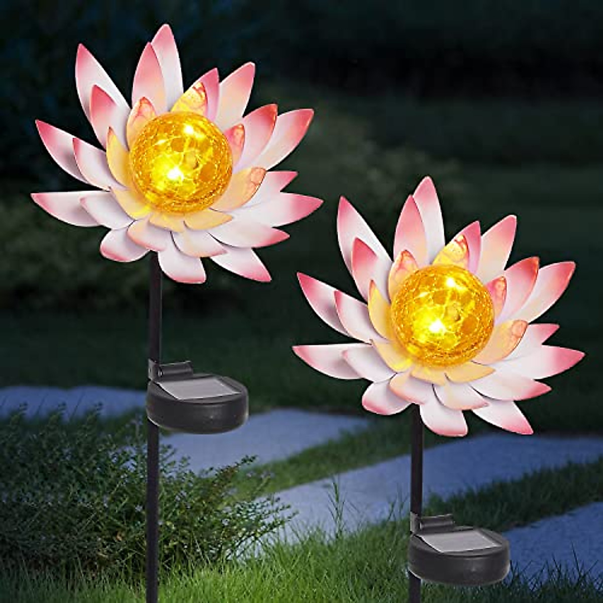 Solar Lotus Lights Outdoor Decorative Garden Stake,Metal Flower Lights with Crackle Globe Glass, Waterproof Outdoor Decorations for Patio,Lawn,Yard,Walkway(2 Pack)