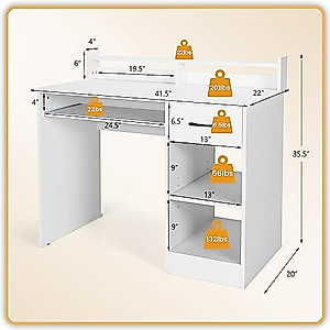 GOFLAME White Computer Desk, Home Office Desk with Large Drawers, Hutch, Keyboard Tray, 5-Position Adjustable Open Shelves, Easy Assembly, Writing Desk for Bedroom, Small Space, Living Room(White)