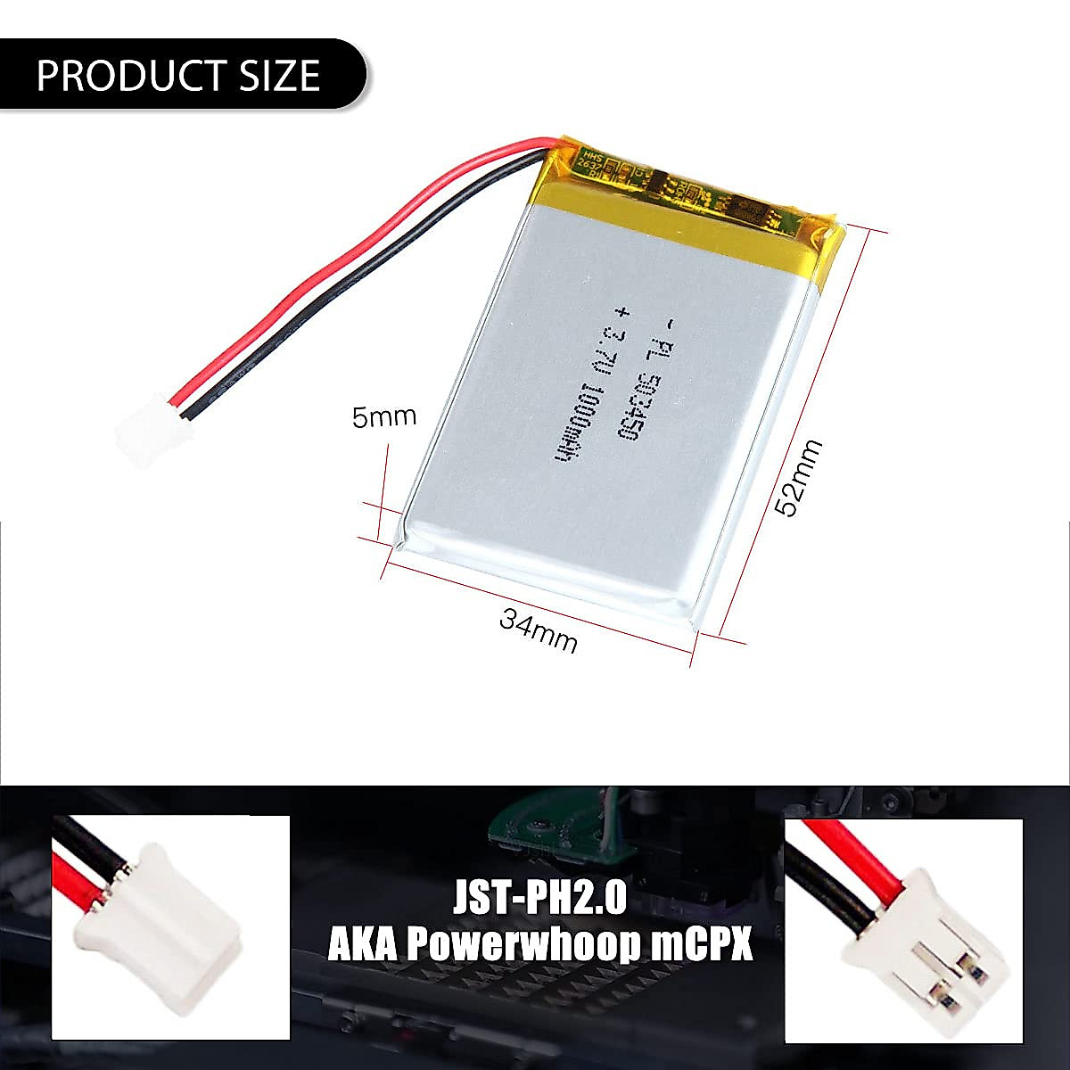 YDL 3.7V 1000mAh 503450 Lipo Battery Rechargeable Lithium Polymer ion Battery Pack with PH2.0mm JST Connector