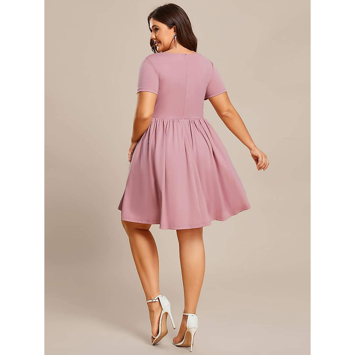 Ever-Pretty Summer Mini A-Lline Short Sleeves A-Line Curve Dresses for Women 2023 Dusty Rose L