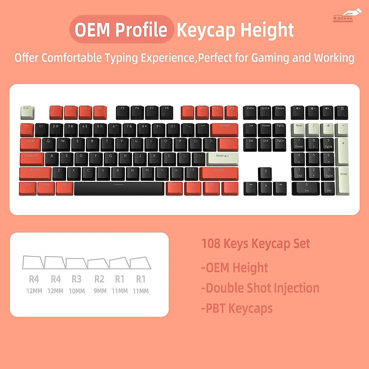 108 Key Custom PBT Keycap Set Double Shot OEM Profile for 61/68/87/98/100/104Key TKL 60% and Full Size Cherry Gateron Kailh Outemu Cross Type Switch US Layout Mechanical Keyboard (Orange Black White)