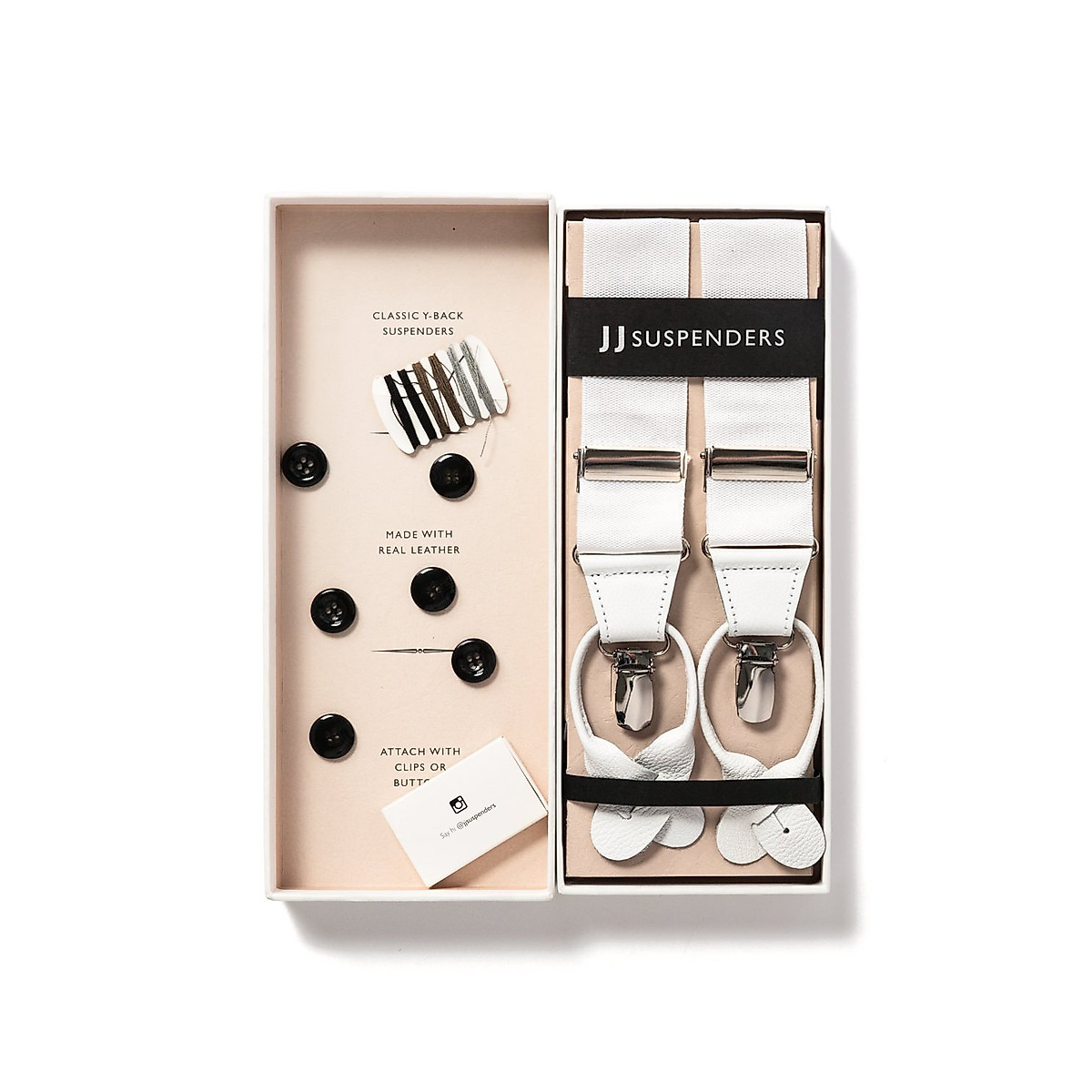 White Suspenders Genuine Leather Clip Suspenders (Button/Clip-on Wide)