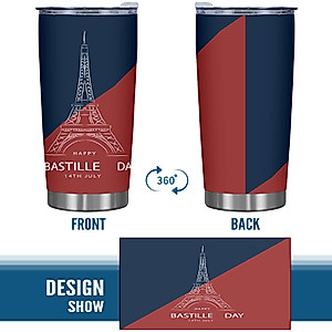 ZGONOHYE 20oz Insulated Tumblers with Lid Happy Bastille Day Eiffel Tower France National Day Stainless Steel Double Wall Vacuum Coffee Tumbler Cup Travel Mug Gifts for Hot or Cold Drinks
