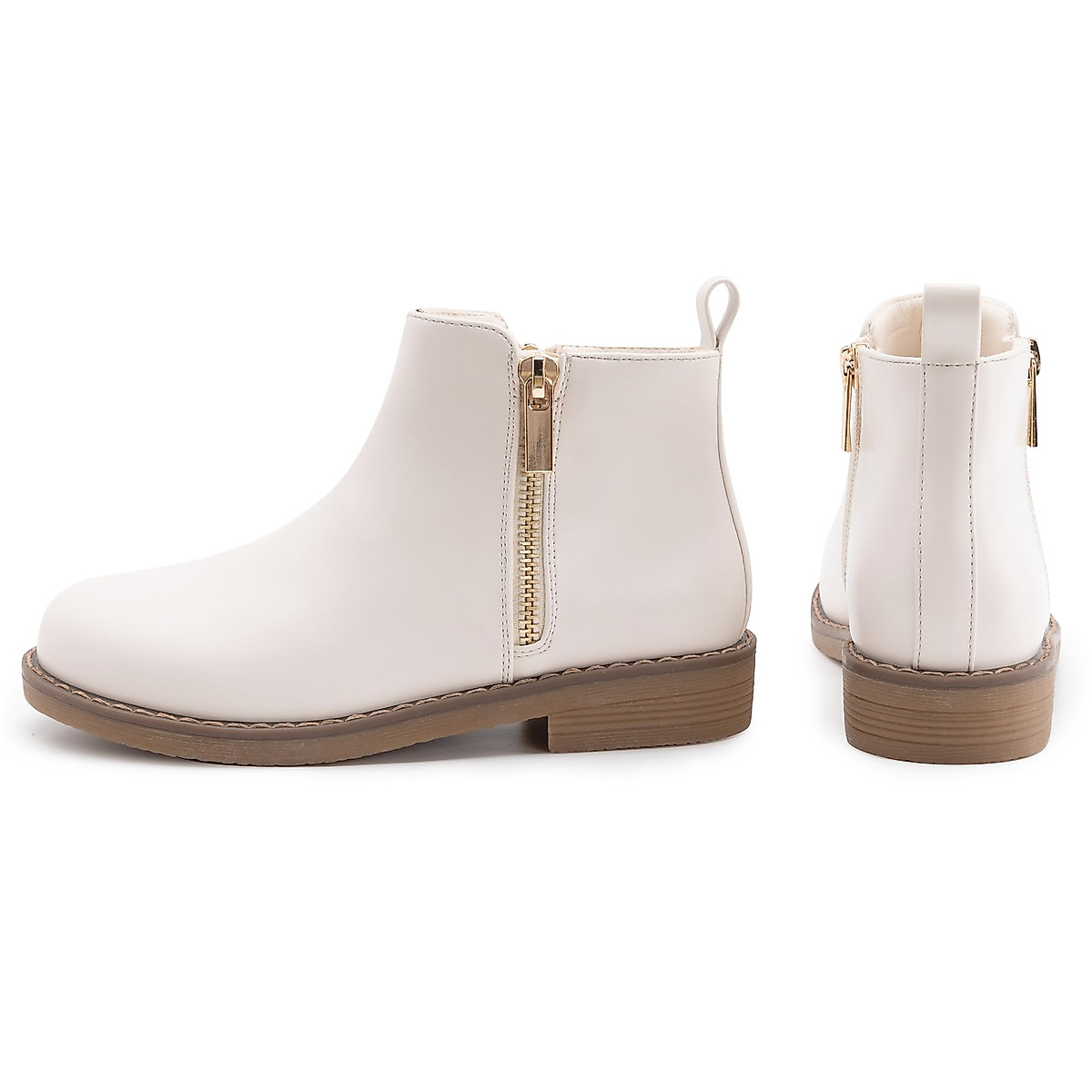 Athlefit Girls Ankle Boots Kids Side Zipper Low Heels White Booties for Toddler Little Kid/Big Kid