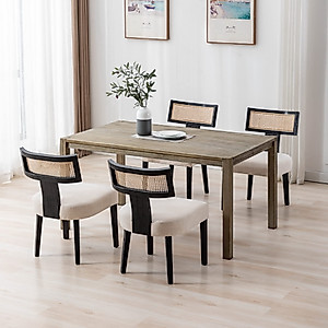 Wahson Set of 4 Cane Back Farmhouse Kitchen & Dining Room Chairs, Retro Linen Upholstered Dining Chair with Black Hardwood Legs, Beige