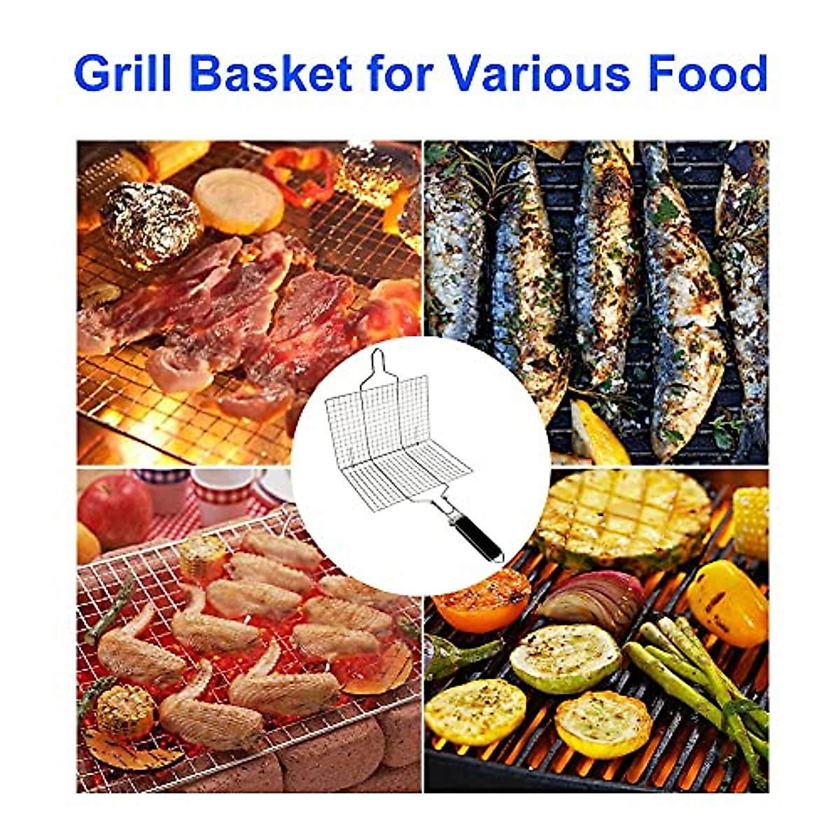 Fish Grill Basket, Fish Basket Non-stick Stainless Steel Foldable Nets Portable with Removable Handle Easy-to-flip for Steaks Seafood Vegetables Outdoor Barbecue