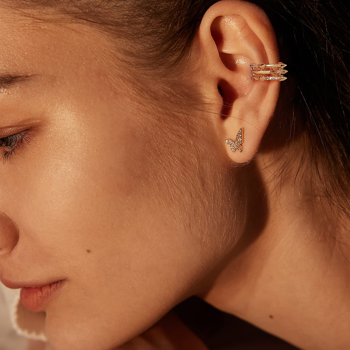 VALLOEY ROVER Women Ear Cuff Earrings CZ 14K Gold Plated Non-Piercing Wrap Earrings Wide Arrow Ear Cuff Clips Huggie Ear Cuffs Set of 2