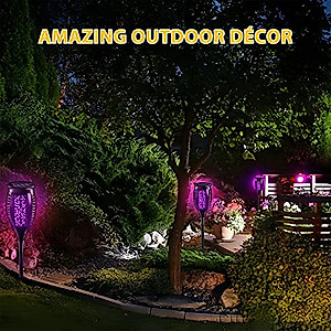Solar Tiki Torch Lights with Flickering Flames for Garden, Torch Stake Light Outdoor Decorative, Waterproof Landscape Flame Lights with Auto On/Off for Garden Party Pathway (8 Pack Purple, 12 LEDs)