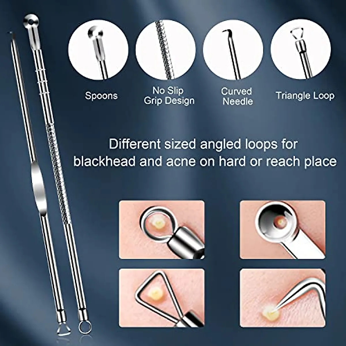 Blackhead Removal Tools, 4 Pcs Pimple Popper Tool Kit, Professional Stainless Pimples Comedone Extractor with Portable Case(Silver)