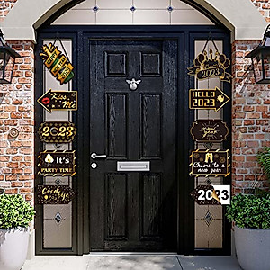 Happy New Year Door Signs, Black Gold 2023 Happy New Year Hanging Porch Sign Decorations 2023 Welcome Door Banner for New Year Eve Party Supplies
