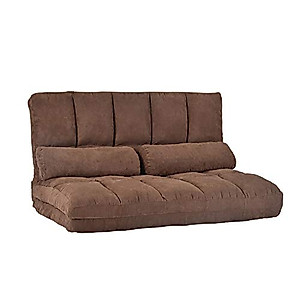 Double Chaise Lounge Sofa, Floor Sofa Bed Adjustable Sleeper Bed Futon Bed Sofa Couches 5-Position Reclining Sofa Lazy Sofa with Two Pillows (Brown)