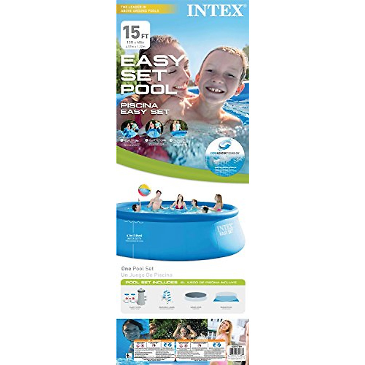 Intex 15' x 4’ Inflatable Pool, Ladder, Pump and Hydrotools Chlorine Dispenser